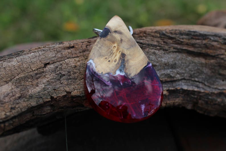 Red Necklace, Wooden Pendant, Wood Resin Pendant, Wood Jewelry, Red ...