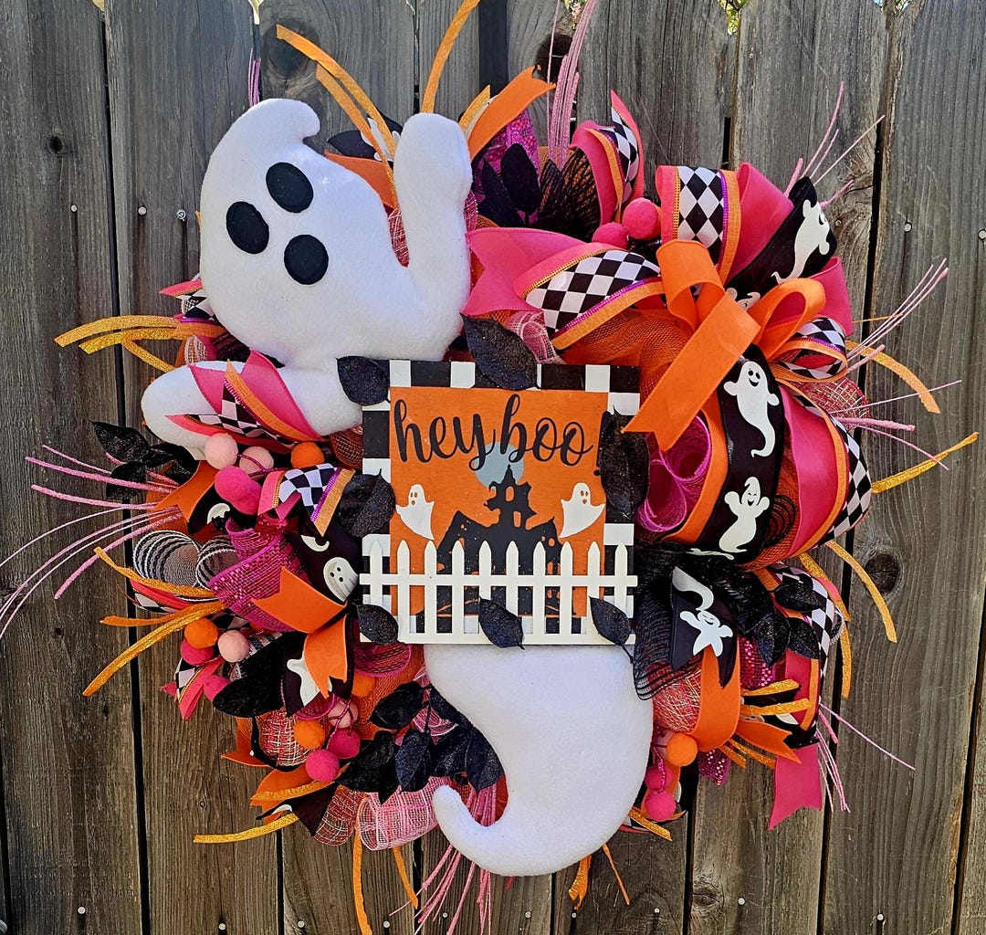 Hey Boo Ghost Wreath Whimsical Ghost Wreath Pink Halloween Pink and ...