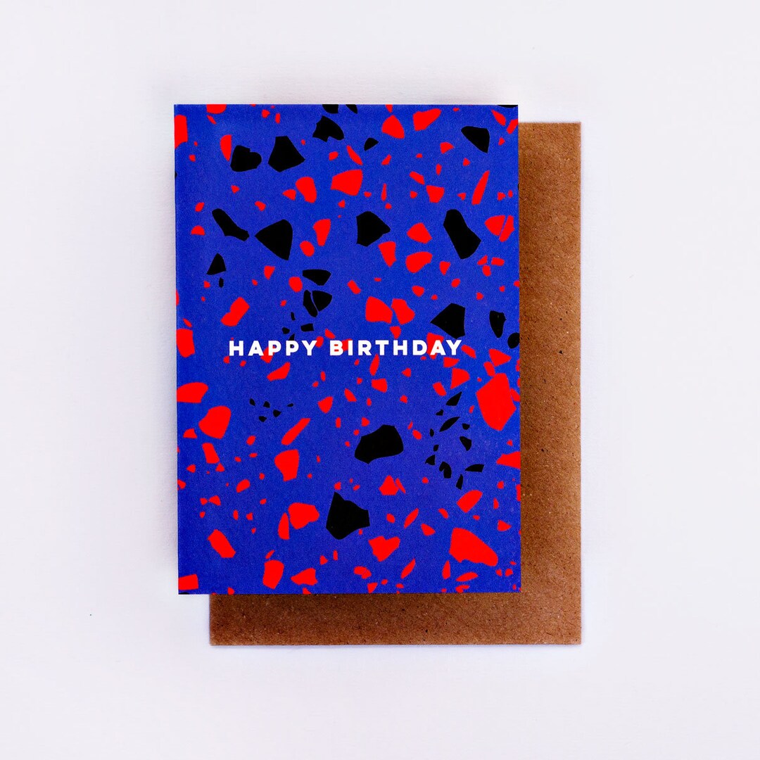 Happy Birthday Red Blue Paint Terrazzo Print Card - Etsy