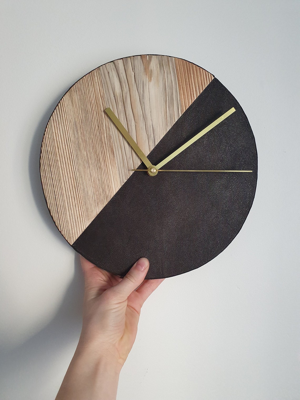 Pine Wood Wall Clock Wood Clock Leather Wall Clock Modern Style Clock ...