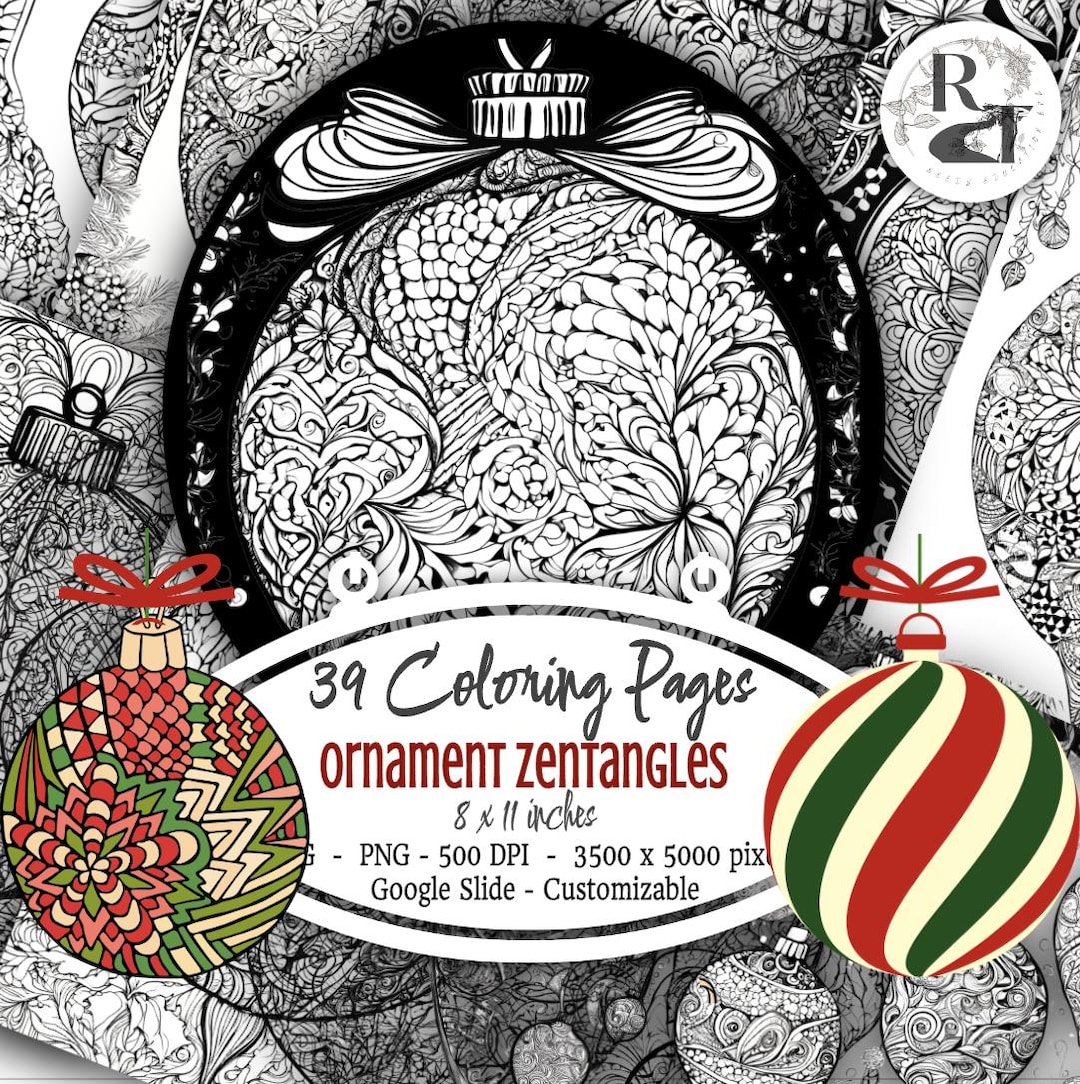 39 Christmas Ornaments Adult Zentangle Coloring Pages 8 X 11 in - 500 ...
