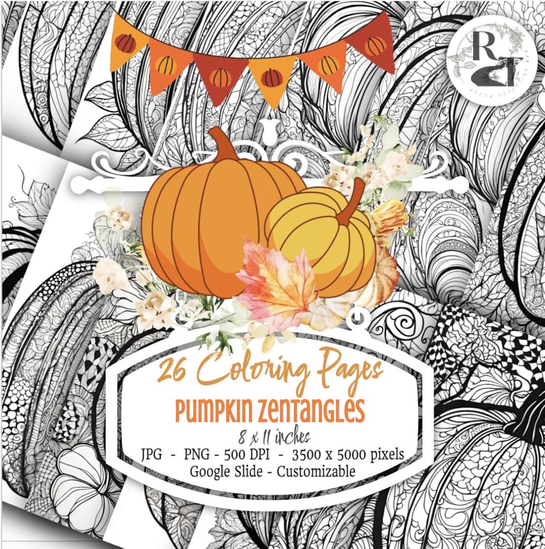 26 Fall Pumpkin Zentangle Coloring Pages 8x11in 500 DPI PNG, Unlimited ...