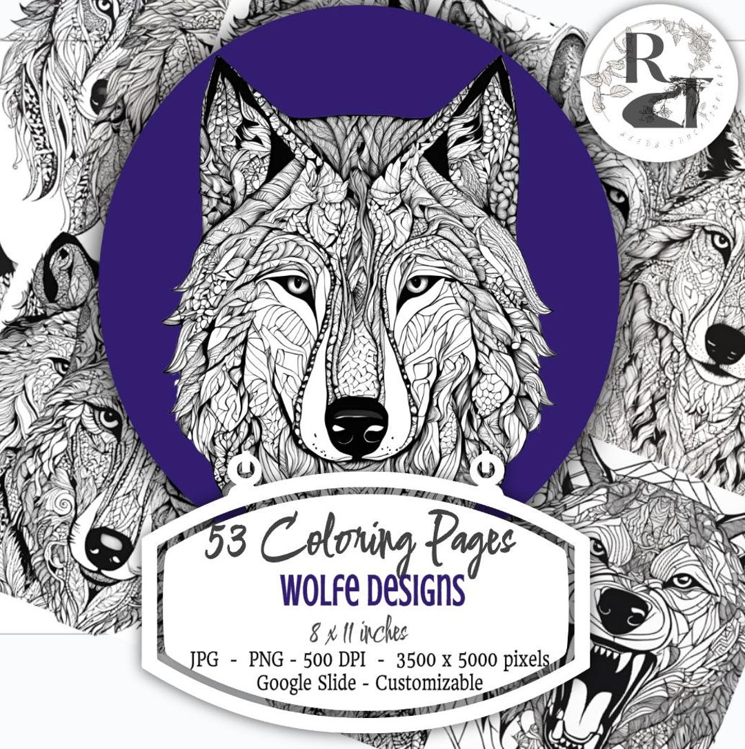 53 Wolf Zentangle Coloring Pages 8x11in 500 DPI PNG, Unlimited Physical ...