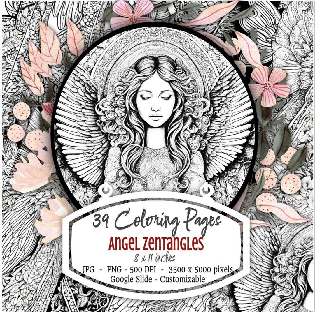 39 Angel Cherub Zentangle Coloring Pages 8x11in 500 DPI PNG, Adult ...