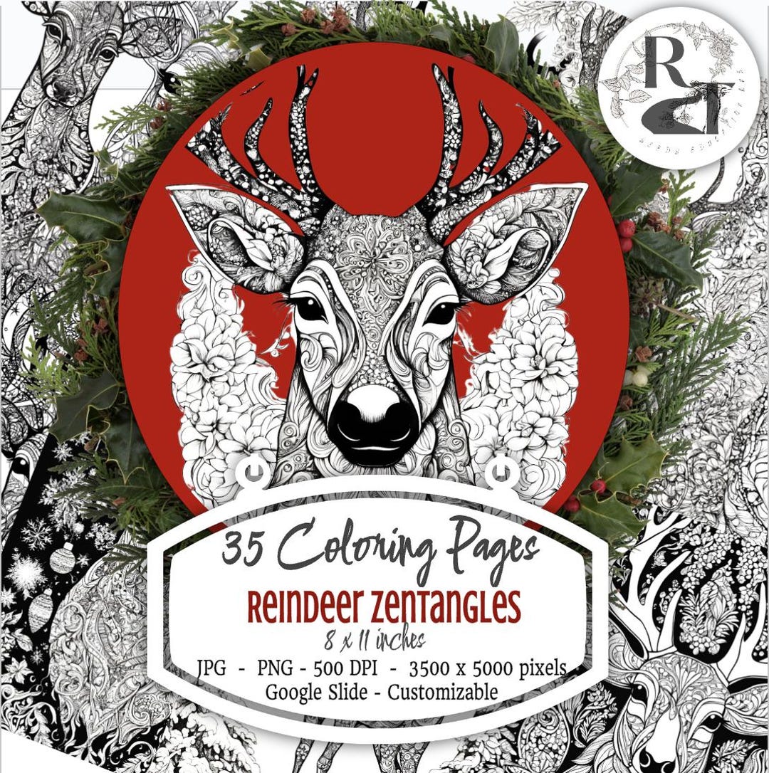 35 Christmas Holiday Reindeer Adult Zentangle Coloring Pages 8 X 11 in ...