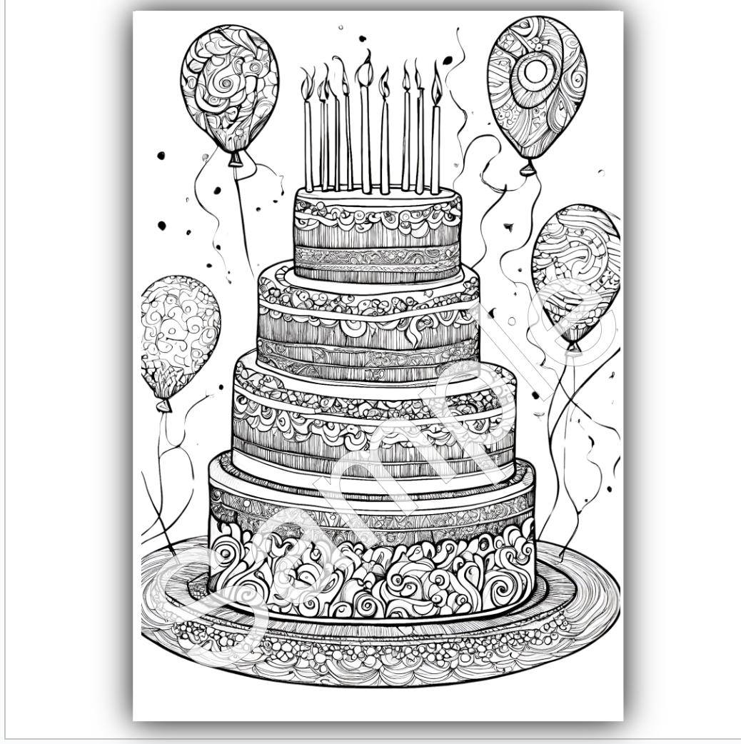 35 Birthday Cake Zentangle Coloring Pages Version 2 8x11in 500 DPI PNG ...
