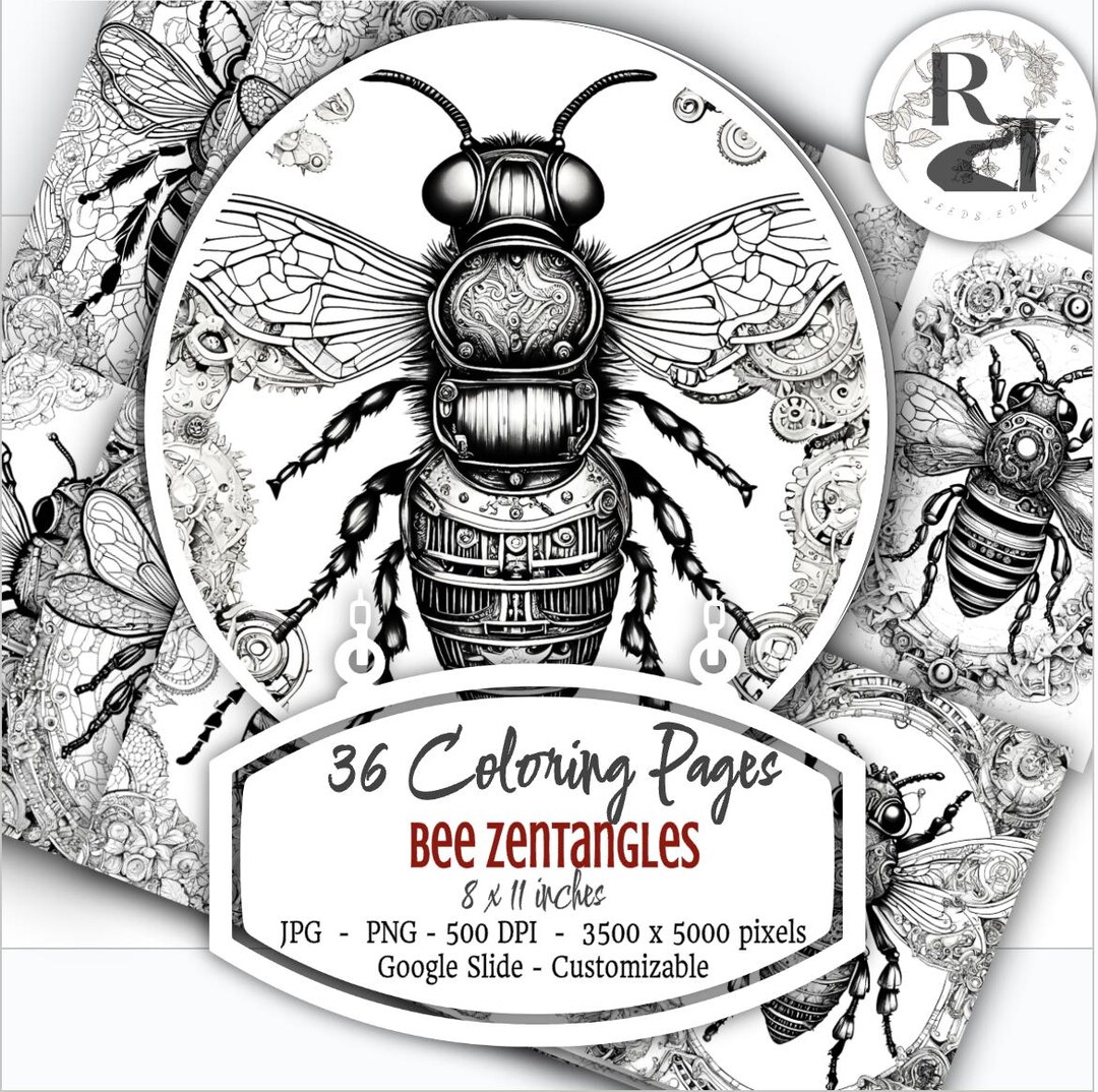 36 Steampunk Bee Zentangle Coloring Pages 8x11in 500 DPI PNG, Unlimited ...