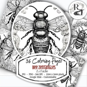 36 Steampunk Bee Zentangle Coloring Book 8x11in 500 DPI PNG, Unlimited ...