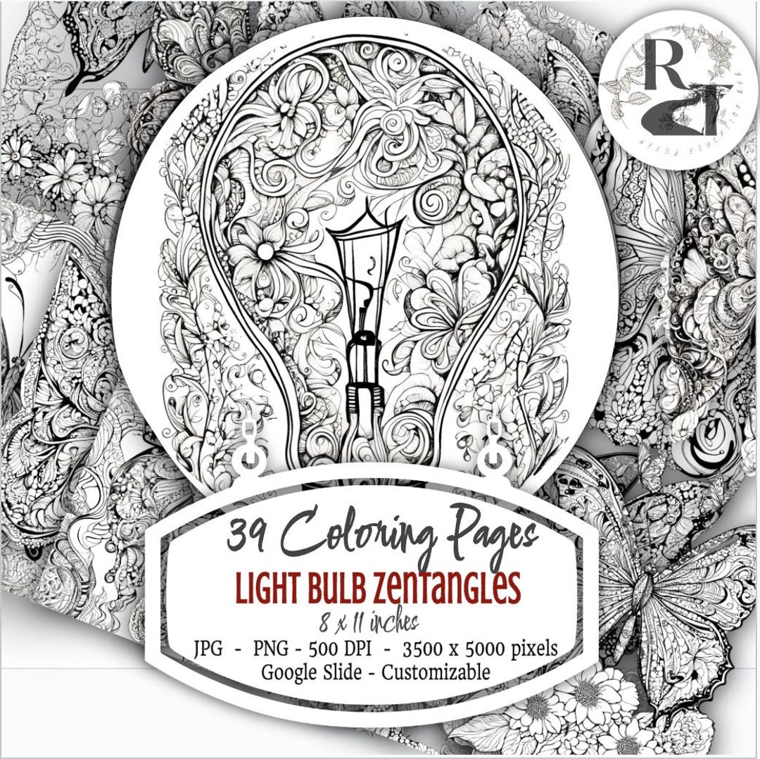 39 Light Bulb Zentangle Coloring Pages 8x11in 500 DPI PNG, Unlimited ...