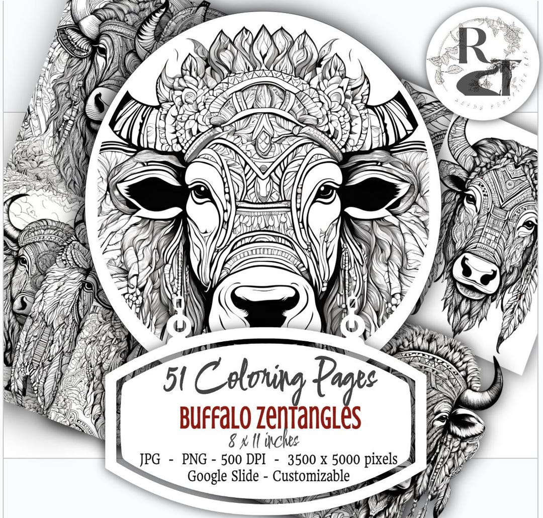 51 Buffalo Zentangle Coloring Pages 8x11in 500 DPI PNG, Unlimited ...