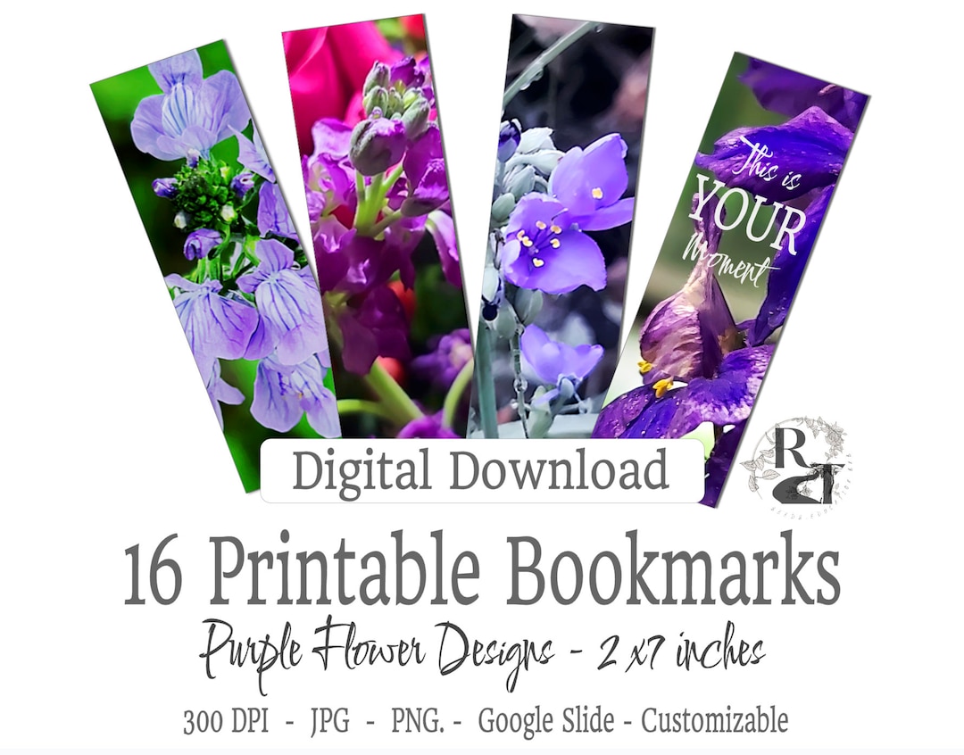 16 Beautiful Bookmarks - Purple Flowers - Digital Download - 2x7 Inches ...