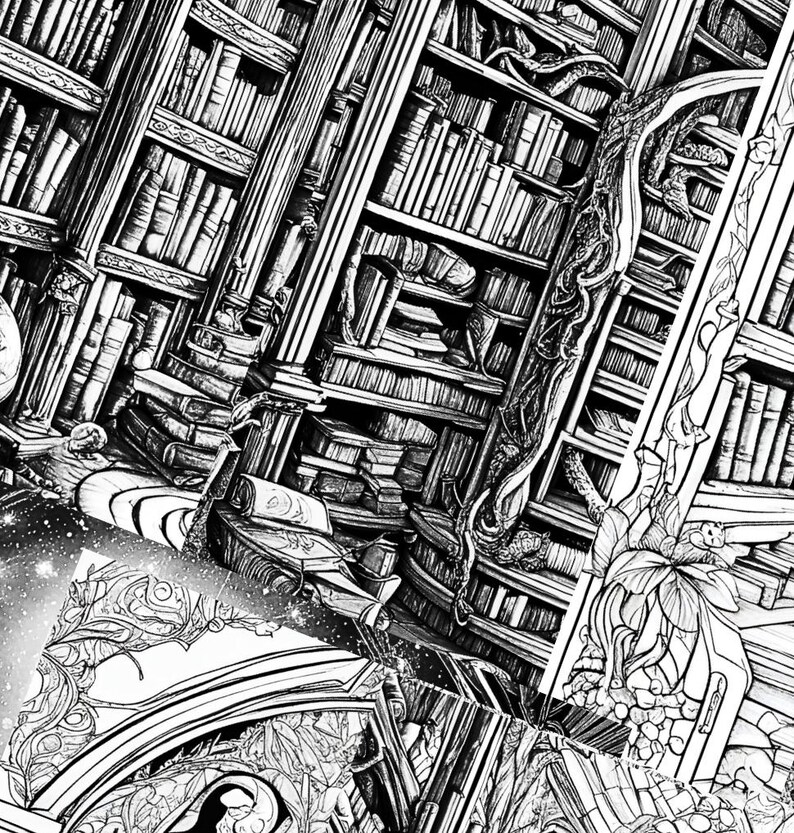 47 Enchanted Library Zentangle Coloring Book 8x11in 500 DPI PNG ...