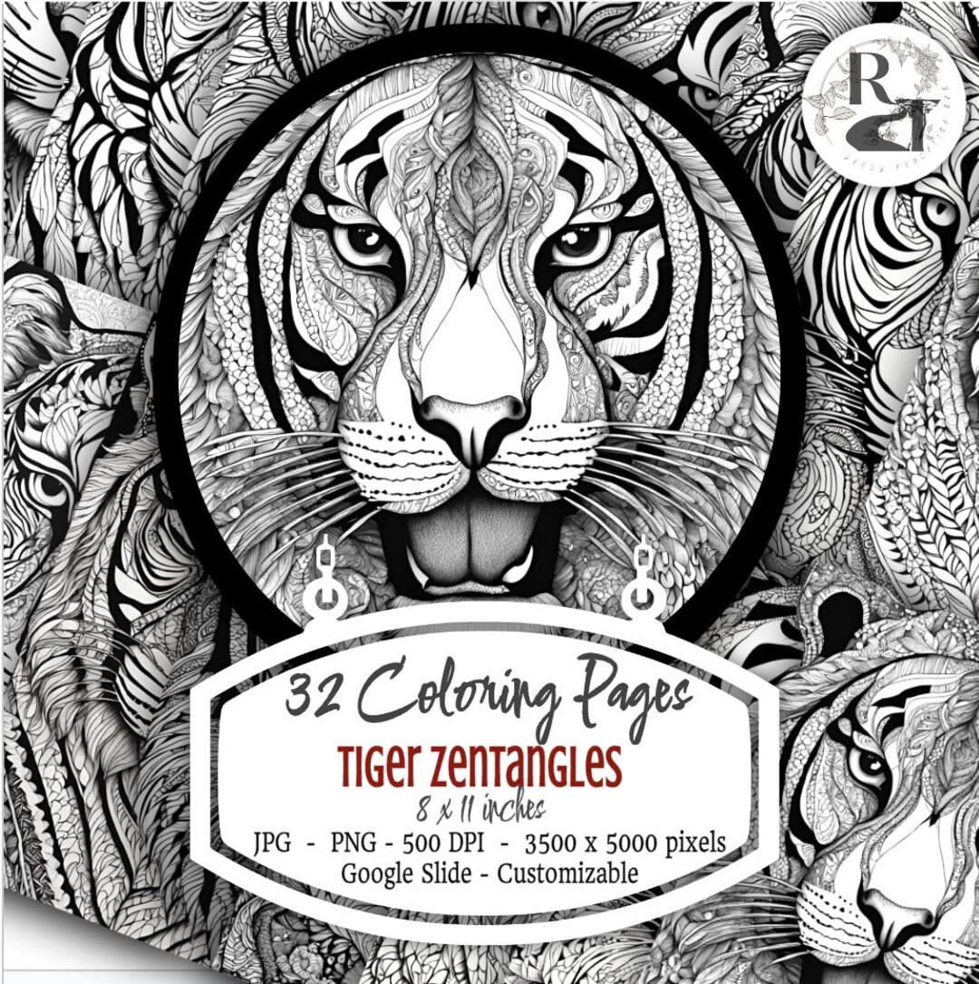 32 Tiger Zentangle Coloring Pages 8x11in 500 DPI PNG, Unlimited ...