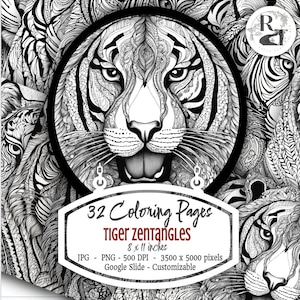 32 Tiger Zentangle Coloring Pages 8x11in 500 DPI PNG, Unlimited ...