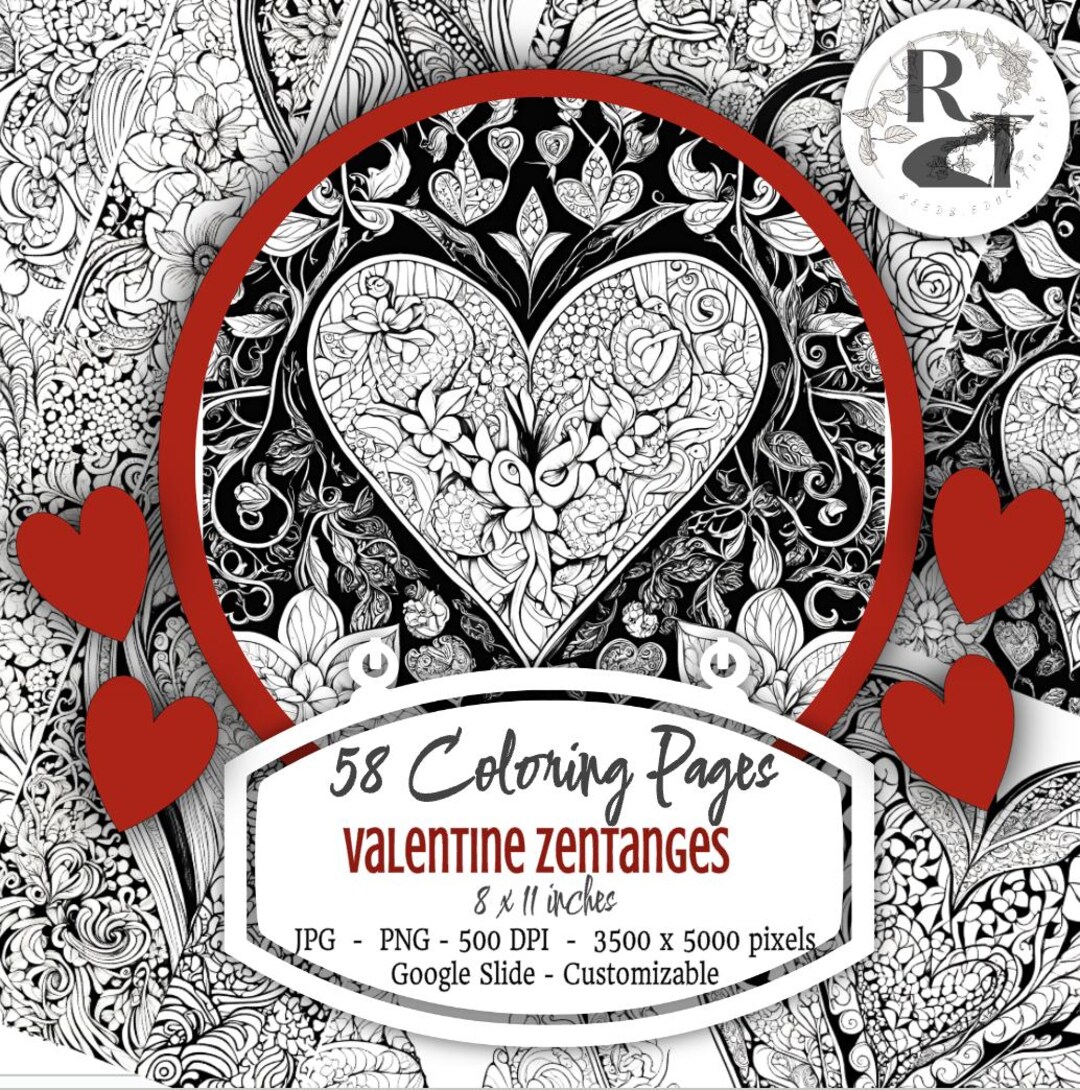 58 Heart Zentangle Mandala Coloring Pages 8x11in 500 DPI PNG, Scrapbook ...
