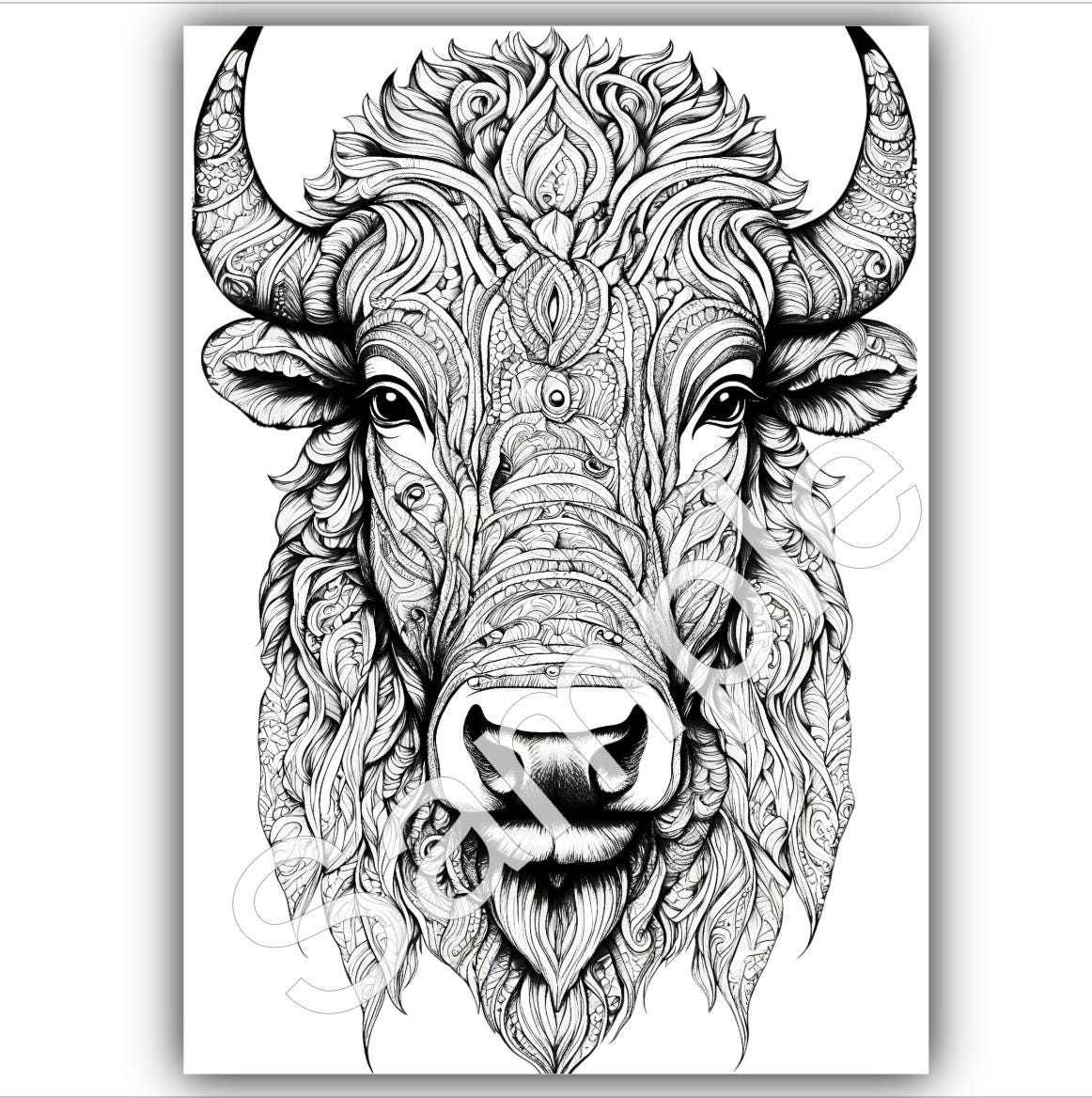 51 Buffalo Zentangle Coloring Pages 8x11in 500 DPI PNG, Unlimited ...