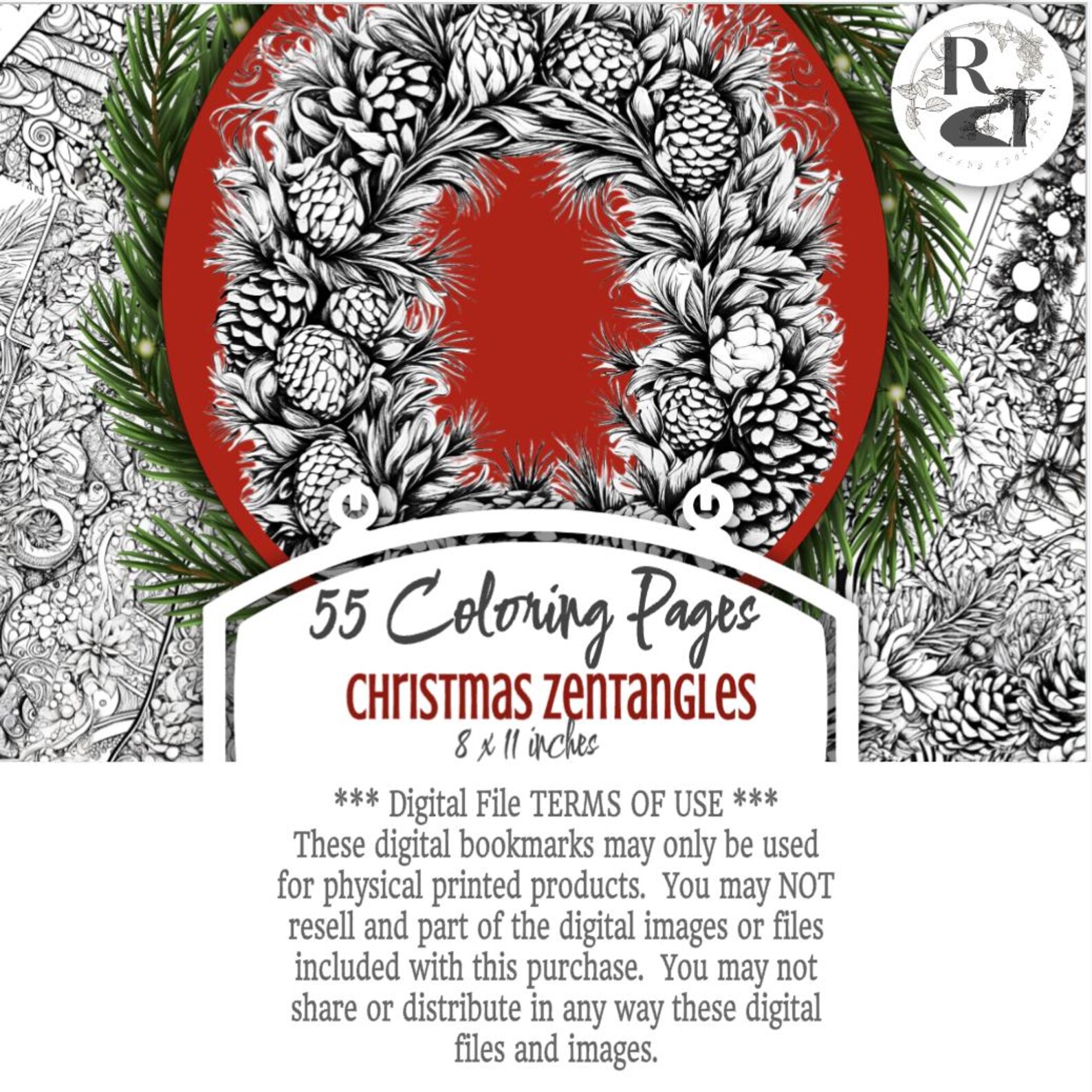 55 Christmas Holiday Designs Adult Zentangle Coloring Book 8 X 11 in ...