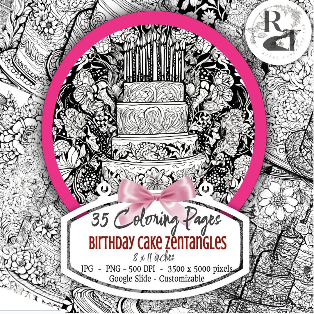 35 Birthday Cake Zentangle Coloring Pages Version 2 8x11in 500 DPI PNG ...