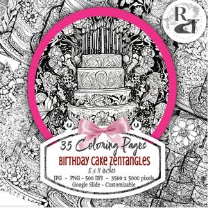 35 Birthday Cake Zentangle Coloring Pages Version 2 8x11in 500 DPI PNG ...