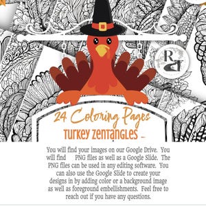 24 Fall Turkey Zentangle Coloring Pages 8x11in 500 DPI PNG, Unlimited ...