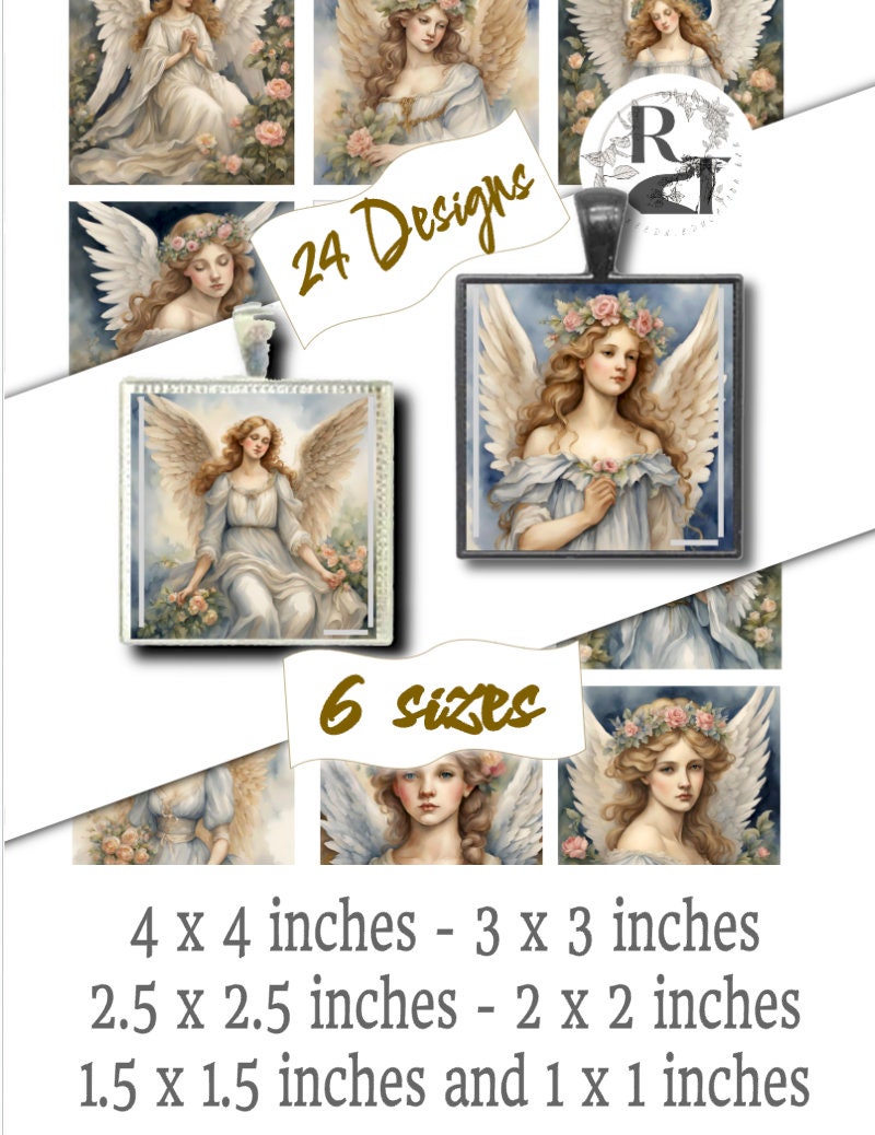 24 Watercolor Victorian Angels Square Design Pendants - 6 Sizes ...