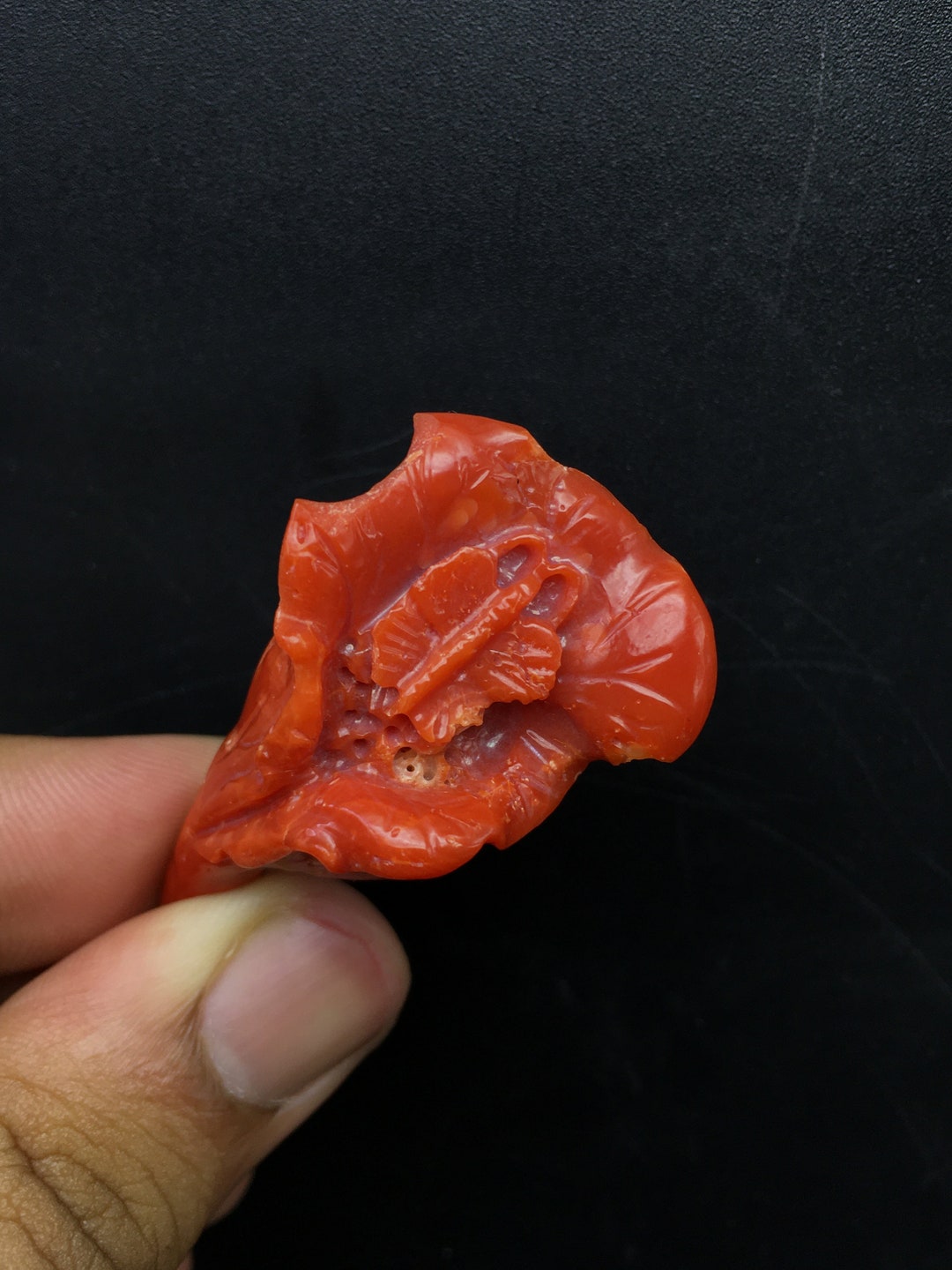 Natural RED Coral/hand Carved Flower/width 27mm/length 49mm/height 17mm ...