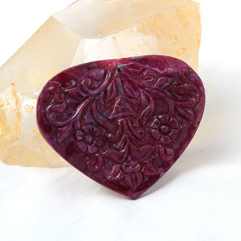 Hand-carved Ruby Heart, Floral Gemstone Carving (53x43mm) - Etsy