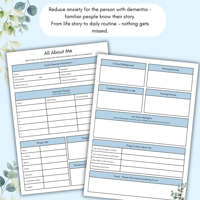 All About Me Dementia Sheet - Printable & Editable PDF | Life History ...