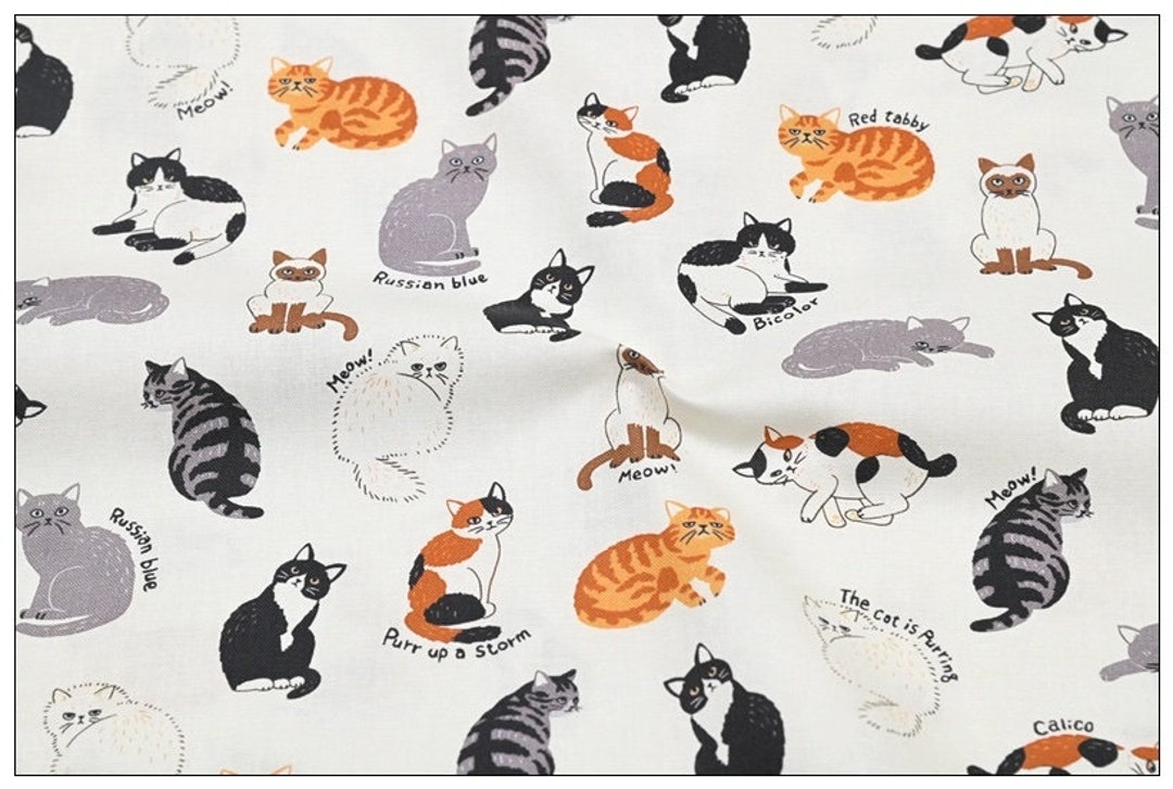 Three Colour Cat Print Cat Pattern Cotton Fabric, Cat Fabric, Cat Love ...