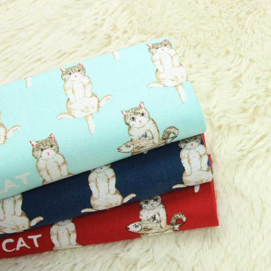 Three Colour Cute Cat Kitten With Fish Thick Cotton by Half Yard - Etsy