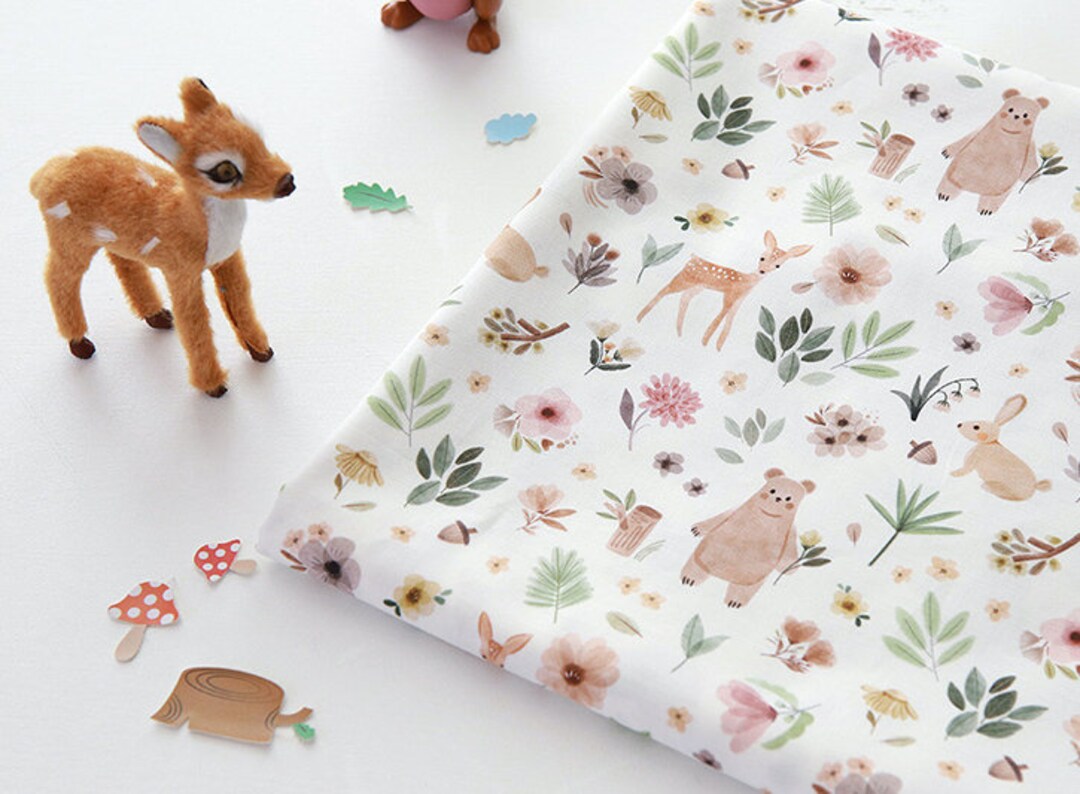 Forest Bear Cotton Made in Korea Cotonvill Fabric, Cartoon Bear Print ...