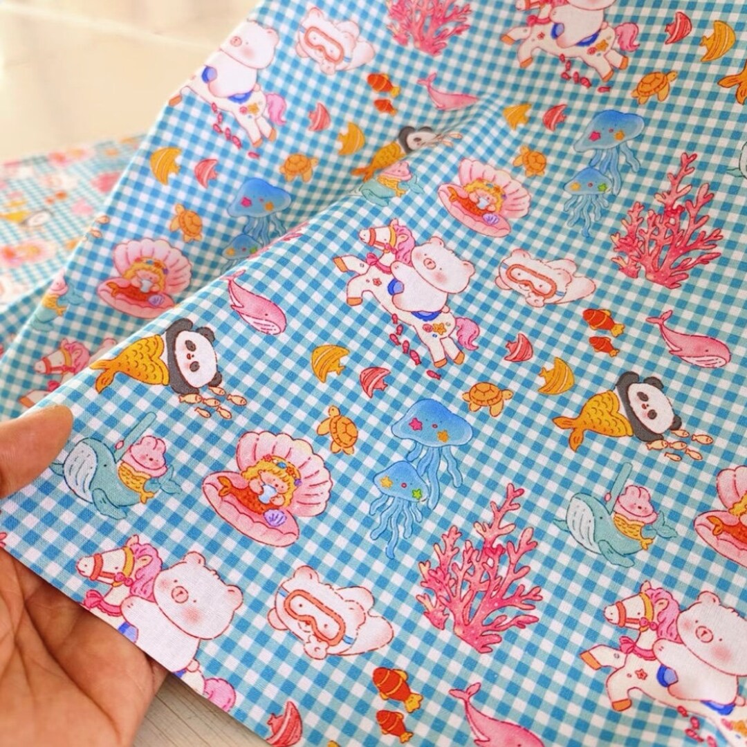 Cute Panda Mermaid Digital Printing Cotton 20 Threads Fabric by Half ...