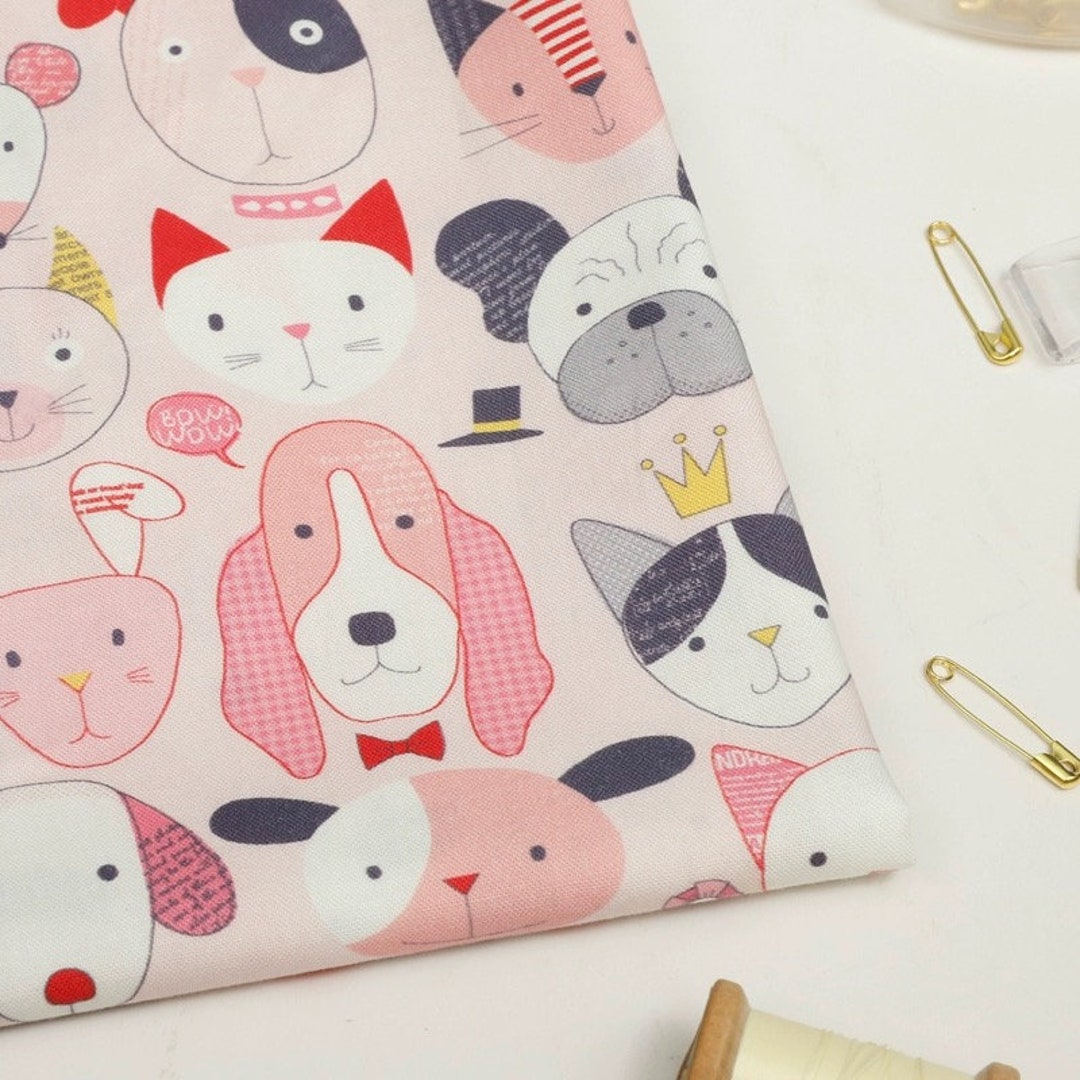 Cat and Dog With Crown Plain Cotton Fabric, Cat Fabric for Bag, Table ...
