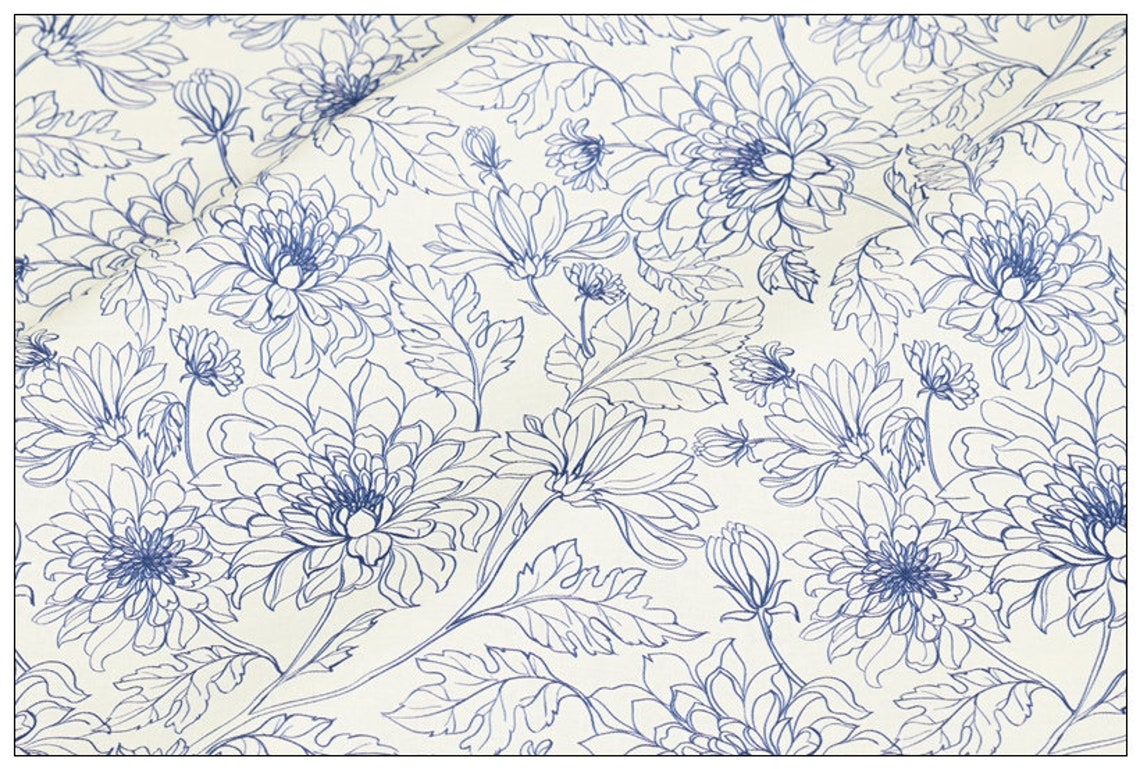 Blue Flower Outline Cotton Fabric 20 Threads for Clothing, Bag and Home ...