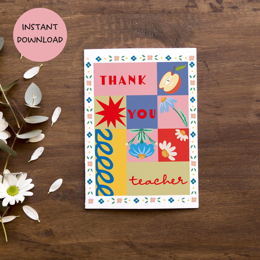 Thank You Teacher Printable Card Floral Design - Instant Download ...