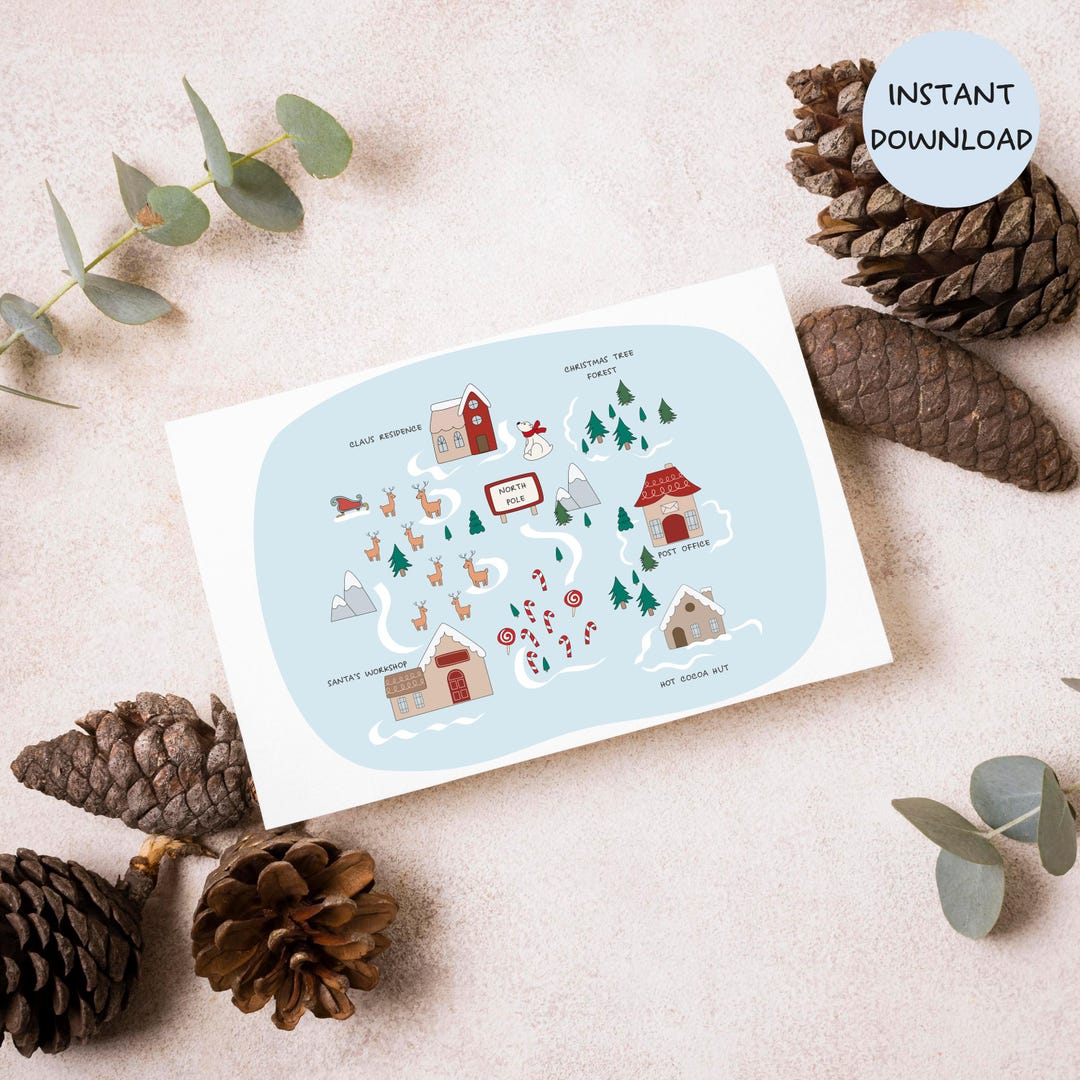 North Pole Map Christmas Card: Printable Holiday Greetings (148x210 Mm ...