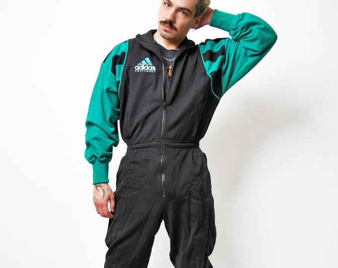80s Vintage ADIDAS One Piece Tracksuit Men Black Green | 1980s Retro ...