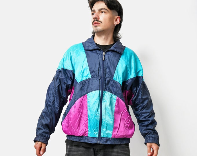 1990s Era Jacket Men's Blue Multi Coloured | Vintage Colour Block Shell ...