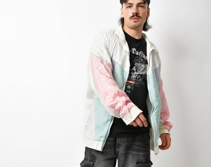 80s Vintage Shell Jacket White | Pastel Multi Colour Block Jacket ...