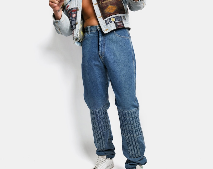 Vintage Motorcycle Jeans Men's | 80s 90s Dark Medium Blue Washed Biker ...