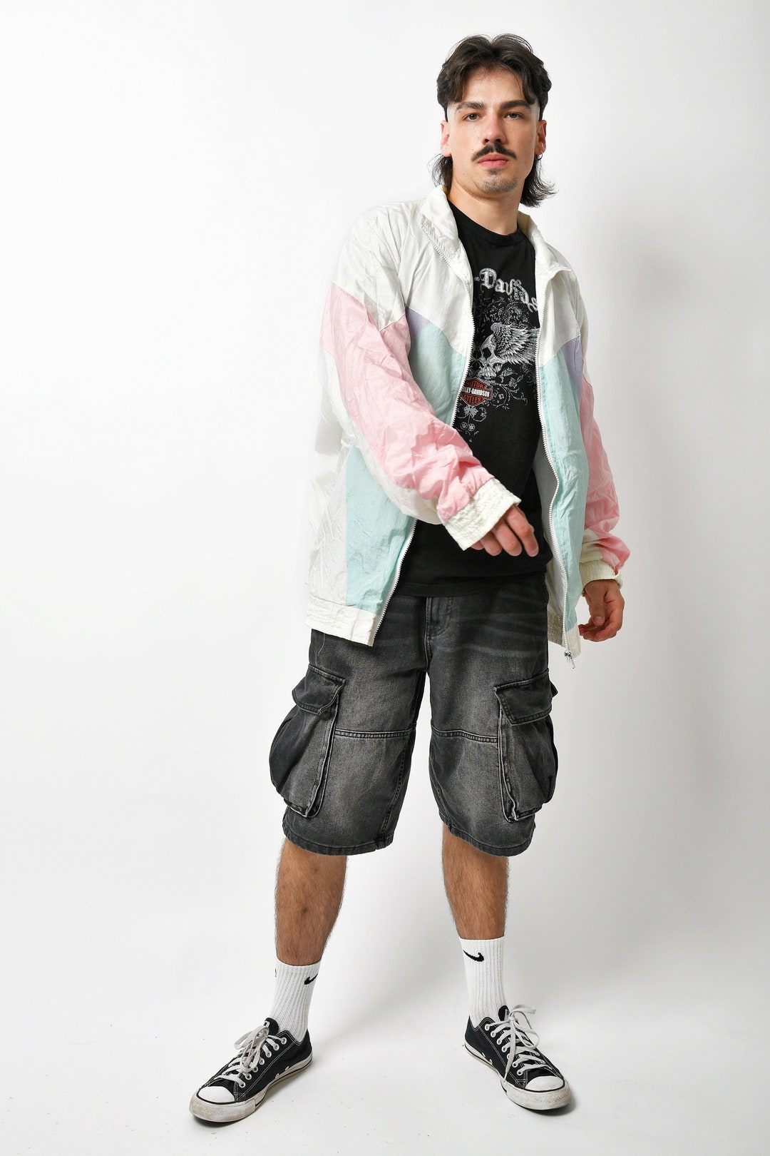 80s Vintage Shell Jacket White | Pastel Multi Colour Block Jacket ...