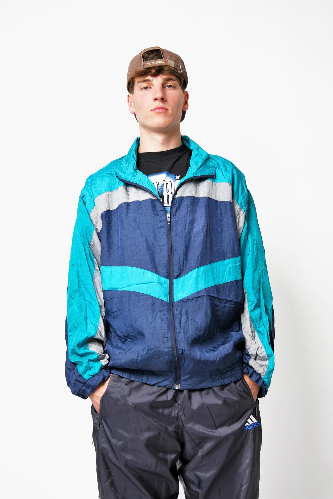 90s Vintage Jacket Blue Colour Block | Retro Tracksuit Top Shell Jacket ...