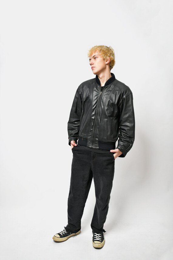 Vintage 90s leather bomber jacket men's black | Old S… - Gem