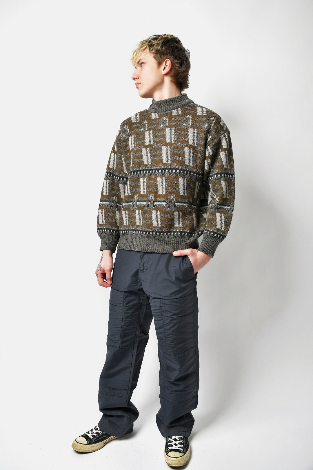 80s Retro Sweater Mens Brown | Vintage Casual Warm Knitted Jumper | 70s ...