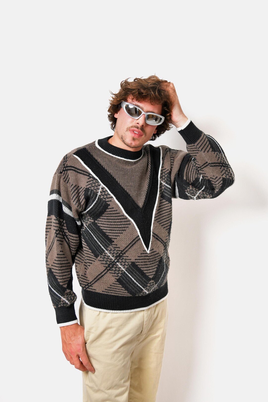 80s Retro Sweater Mens Brown | Vintage Geometric Warm Knitted Jumper ...