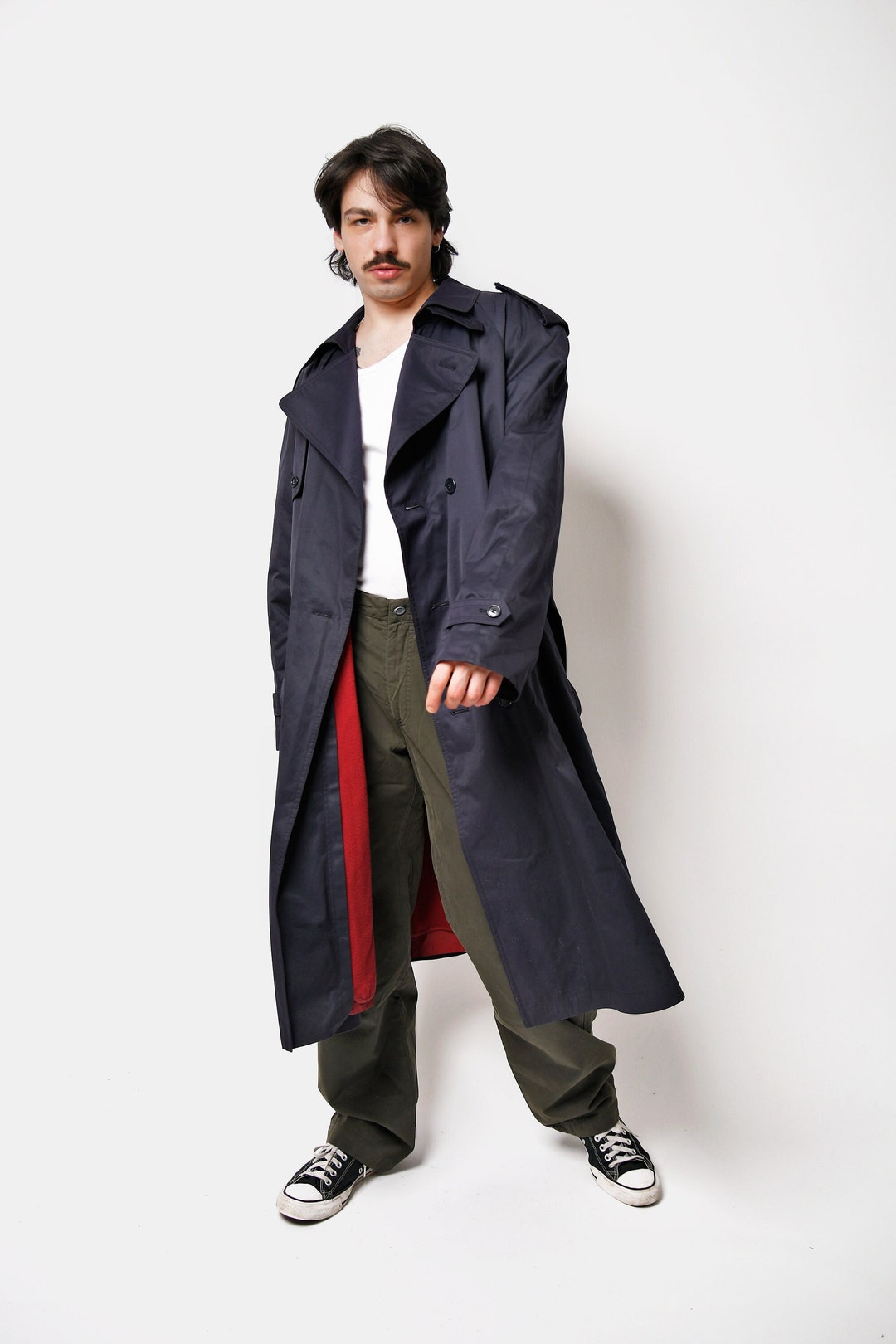 90s Retro Detective Trench Coat Blue Navy Men | Spring Fall Classic ...