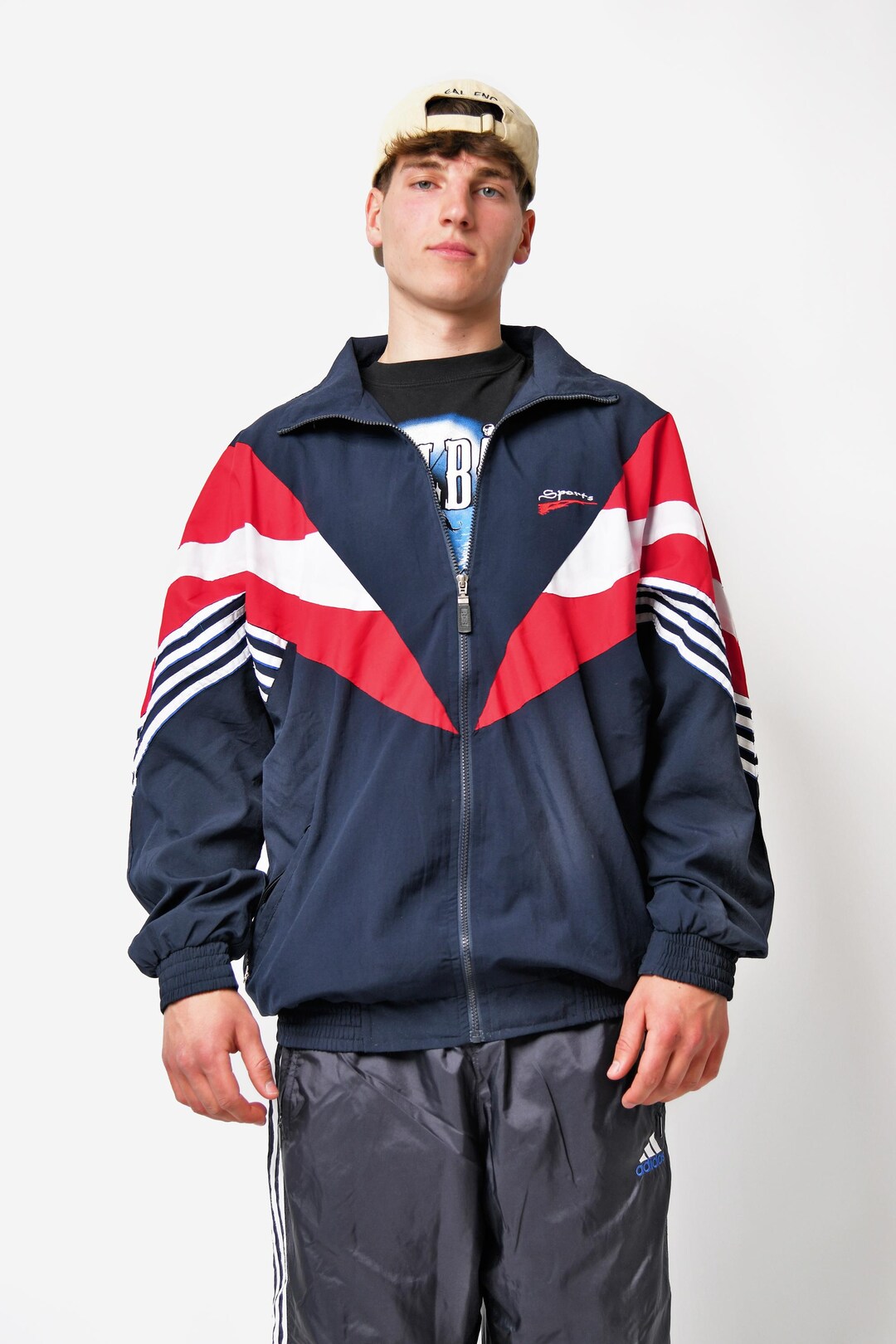 Retro Jacket Men's Windbreaker Navy Blue Red Colour | Vintage Full Zip ...