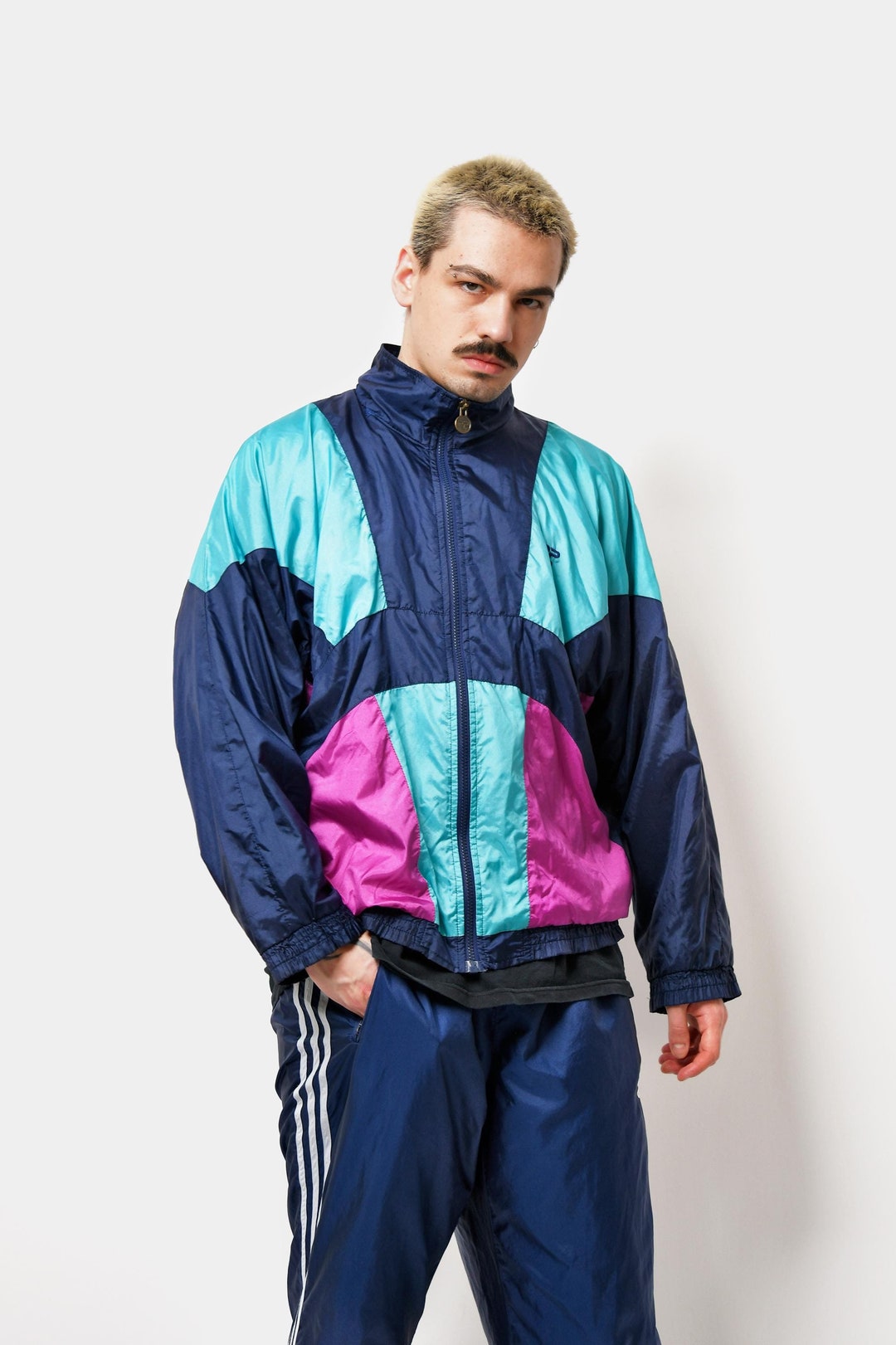 1990s Era Jacket Men's Blue Pink Vintage Multi Colour Block Shell Track ...