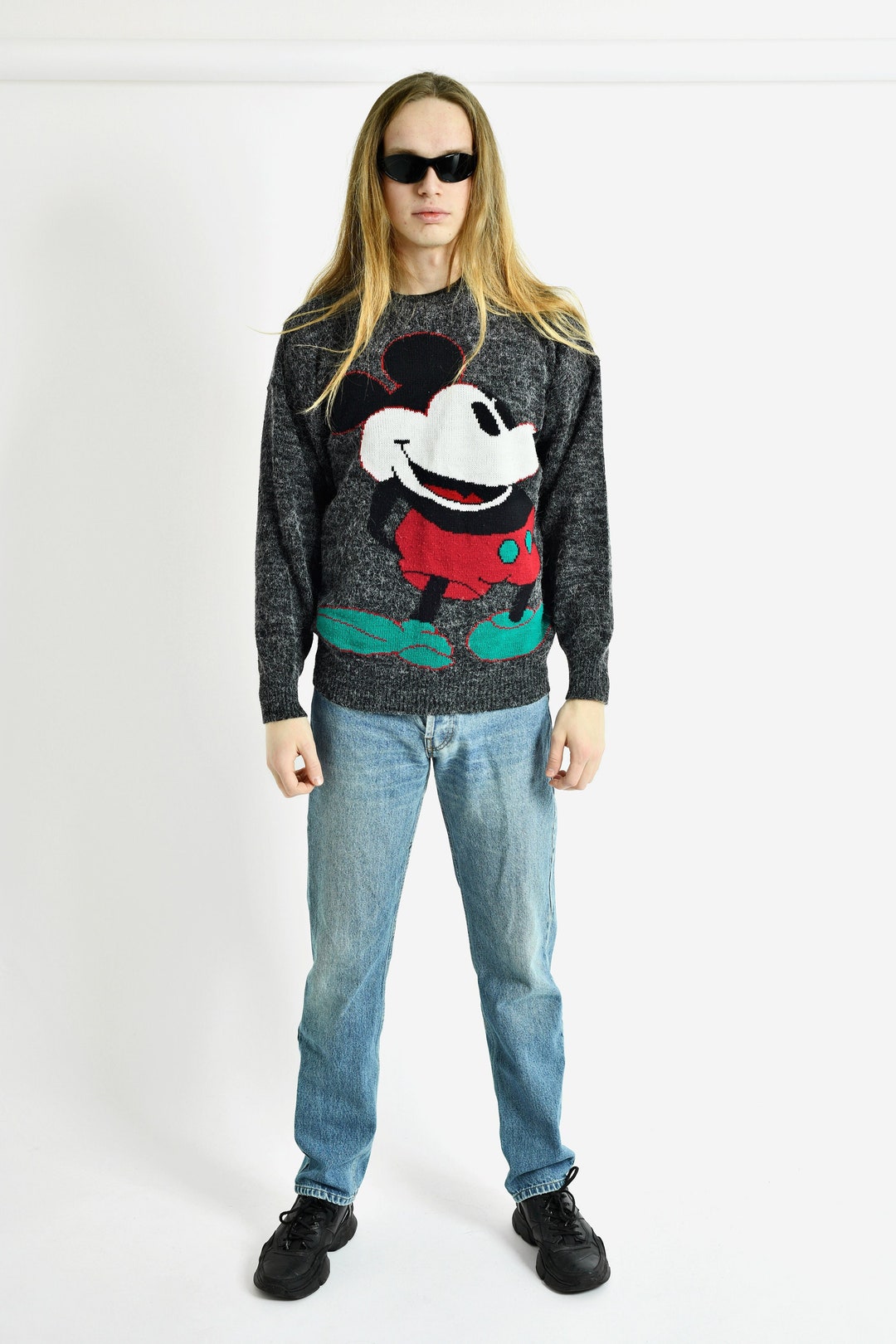 90s Vintage Mickey Mouse Sweater Grey Multi Colour Mens | Retro 80s Old ...