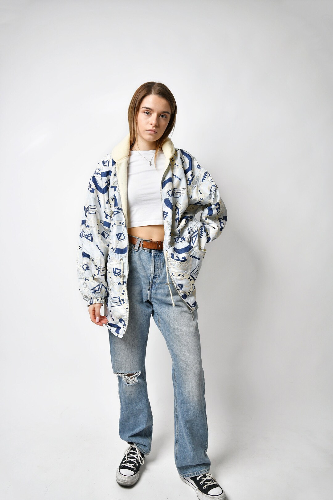 Retro Vintage Ski Coat Long Parka Fleece Blue | 80s Shell Jacket Women ...